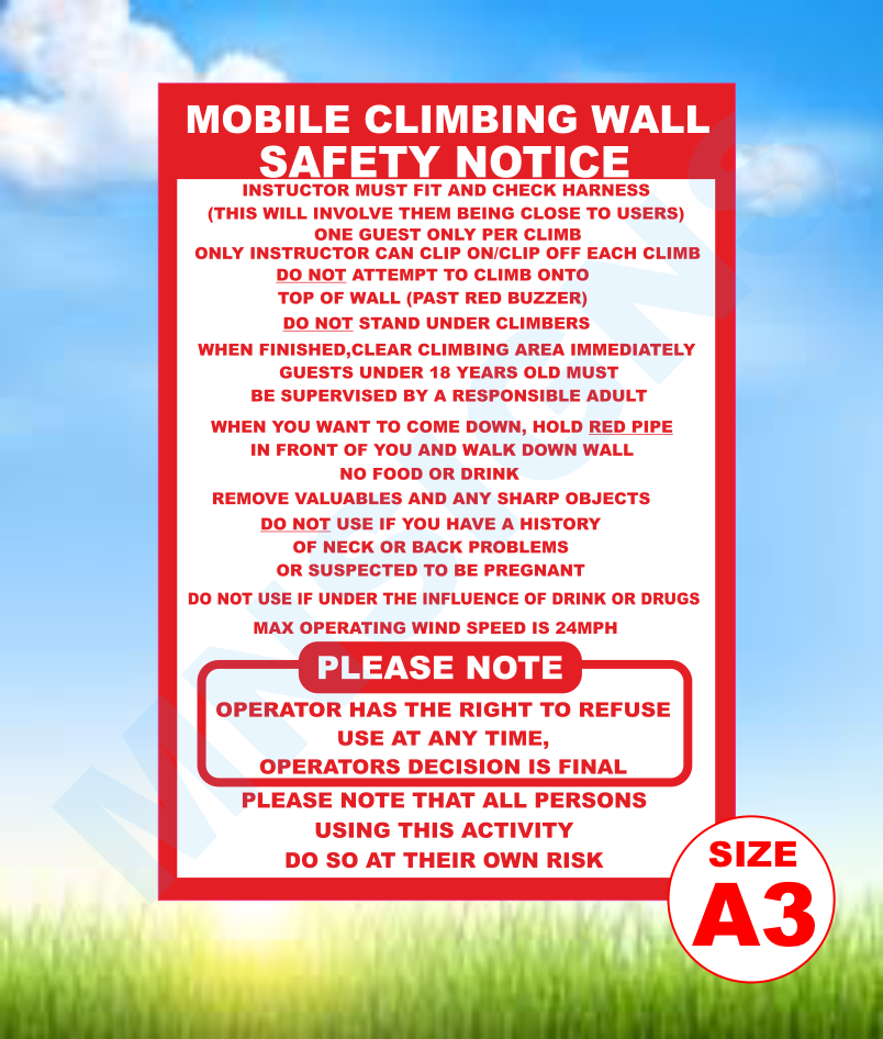 Mobile Climbing Wall safety notice – Bouncy Signs